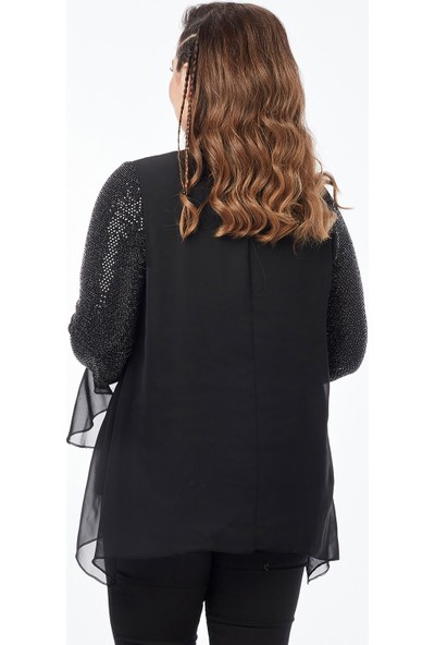 Siyah Kolları Parlak Şık Asimetrik Kesim Şifon Büyük Beden Bluz
