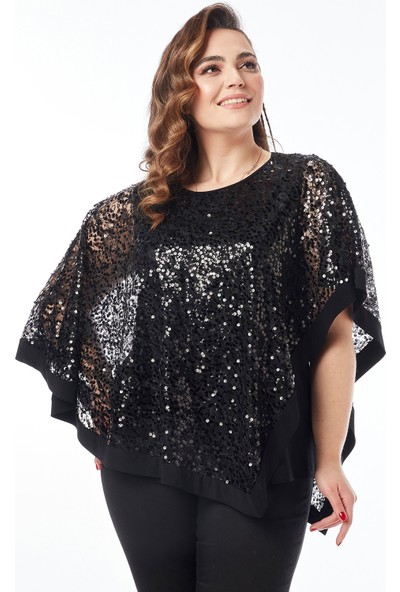 Moda Alba Siyah Dantel Pul Işlemeli Pelerinli Büyük Beden Şık Bluz Moda Alba Siyah Dantel Pul Işlemeli Pelerinli Büyük Beden Şık Bluz