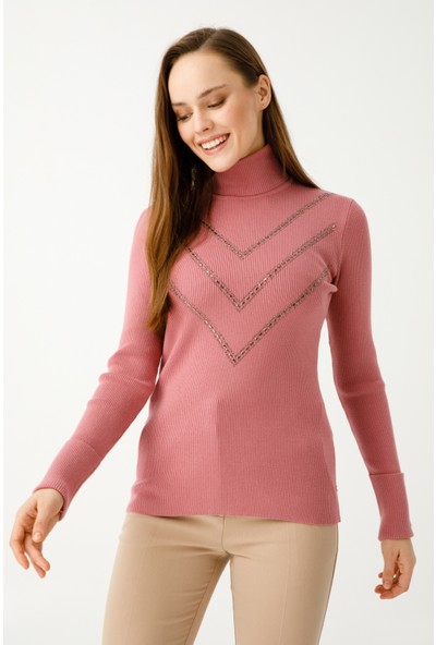 ON Balıkçı Yaka Taş Işlemeli Triko Kazak