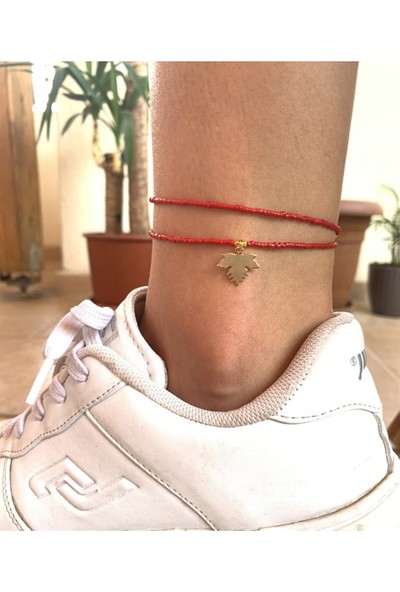 Dibati Moda & Accessories Kırmızı Kum Boncuklu Gold Çınar Yaprağı Detaylı Halhal Dibati Moda & Accessories Kırmızı Kum Boncuklu Gold Çınar Yaprağı Detaylı Halhal
