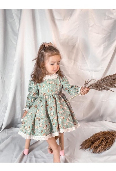 Magu Kız Çocuk Mint Çiçek Vintage Elbise