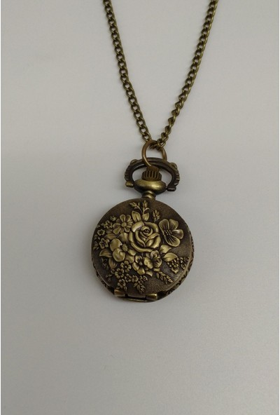 Otantik Depo Gül Desenli Bronz Köstekli Saat Kolye