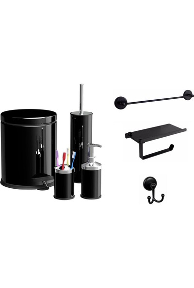 Sas Banyo Aksesuar Takımı 7 Li Set 5 Litre Pedallı Çöp Kovası Wc Fırçası Siyah Sas Banyo Aksesuar Takımı 7 Li Set 5 Litre Pedallı Çöp Kovası Wc Fırçası Siyah