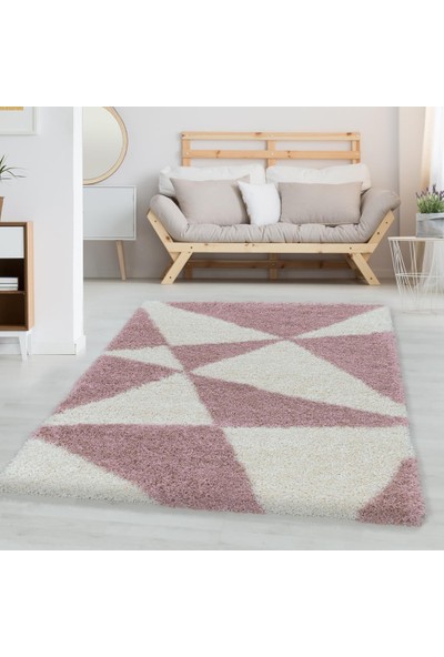 Bonigo Home Desenli Shaggy Halı Yumuşak Geometrik Üçgen Desenli Rose Krem