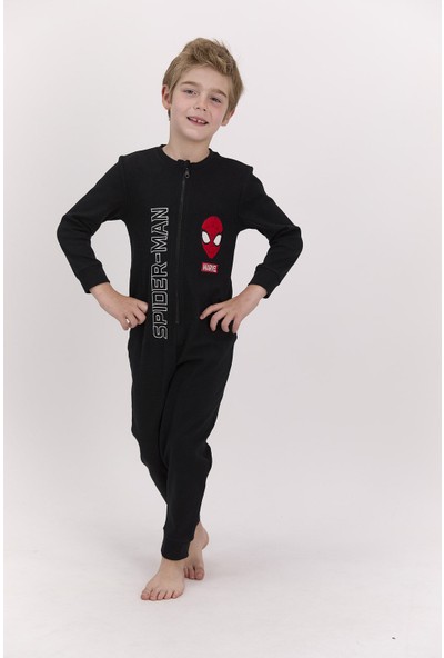 Spiderman Lisanslı Siyah Erkek Çocuk Fermuarlı Tulum