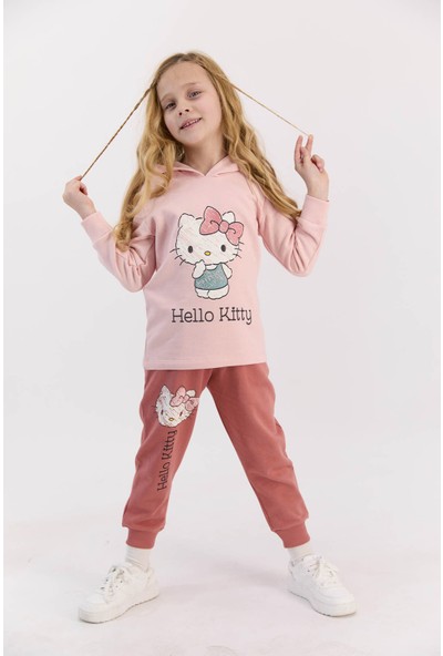 Hello Kitty Lisanslı Pudra Kız Çocuk Kapüşonlu Eşofman Takımı
