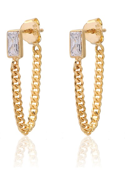 Coşar Silver Zirkon Taşlı Pırlanta Montür Taşlı Gurmet Zincirli Altın Kaplama Taşlı Gümüş Küpe