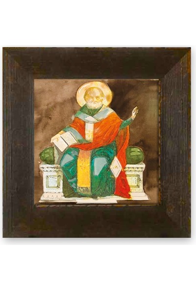 Anadolia Aziz Nikolas Sulu Boya Kahverengi Çerçeveli Seramik Pano