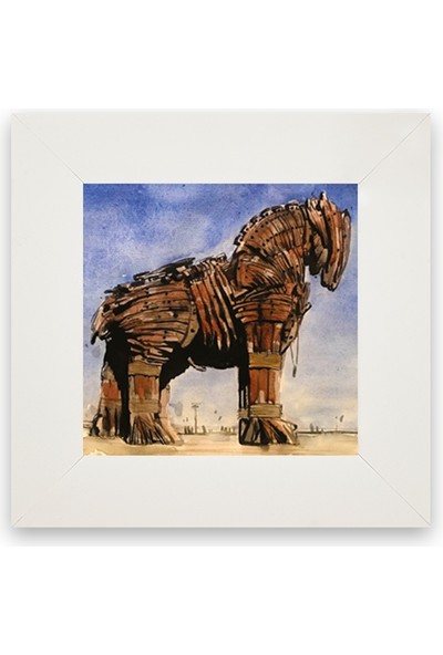 Anadolia Truva Sulu Boya Beyaz Çerçeveli Seramik Pano