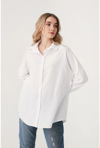 FullaModa Düşük Kol Oversize Gömlek