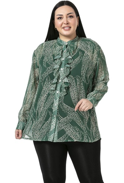 Disentis Modest Büyük Beden Yakası Volanlı Manşetli Şifon Yeşil Gömlek Disentis Modest Büyük Beden Yakası Volanlı Manşetli Şifon Yeşil Gömlek