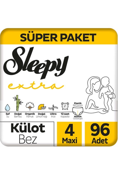 Sleepy Extra Günlük Aktivite Süper Paket Külot Bez 4 Numara Maxi 96 Adet Sleepy Extra Günlük Aktivite Süper Paket Külot Bez 4 Numara Maxi 96 Adet