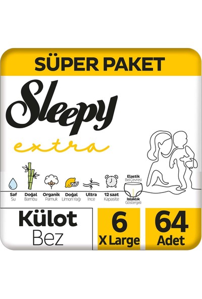 Sleepy Extra Günlük Aktivite Süper Paket Külot Bez 6 Numara Xlarge 64 Adet Sleepy Extra Günlük Aktivite Süper Paket Külot Bez 6 Numara Xlarge 64 Adet