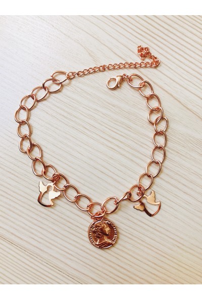 Yeşim Aksesuar Madalyon Halhal, Madalyonlu Rose Kadın Ayak Bileklik