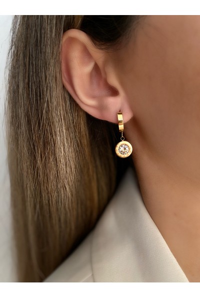 Özde Karacan Gold Ortası Taşlı Çelik Küpe