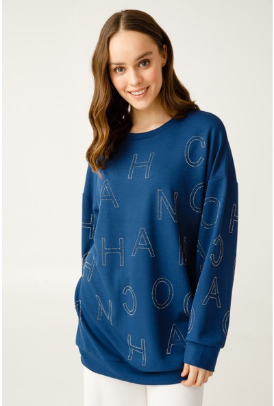 ON Sıfır Yaka Taş Baskılı Sweat