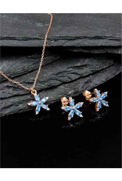 Else Silver Mavi Taşlı Beni Unutma Çiçeği Gümüş Kombin