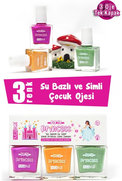 Mara Party Princess Yıkanabilir Su Bazlı ve Simli Çocuk Ojeleri 3'lü Mara Party Princess Yıkanabilir Su Bazlı ve Simli Çocuk Ojeleri 3'lü