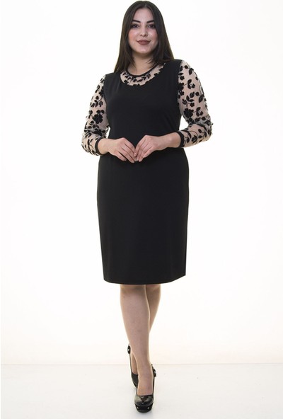 Modayız Manşet Kollu Siyah Büyük Beden Elbise 22E-90867