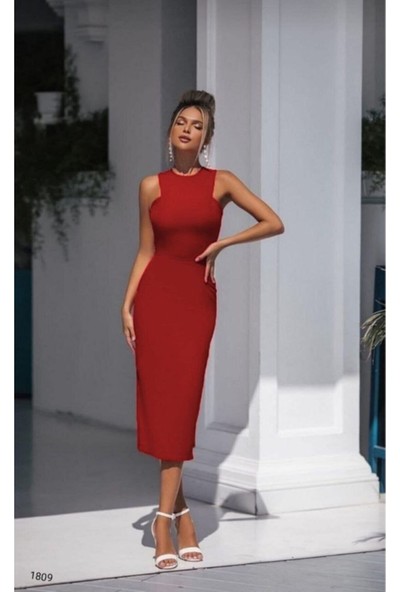 Pulli Collection Kırmızı Dar Midi Elbise