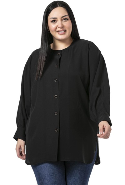 Disentis Modest Büyük Beden Yuvarlak Yaka Kol Ağzı Manşetli Kolu Pileli Yarasa Kollu Siyah Gömlek