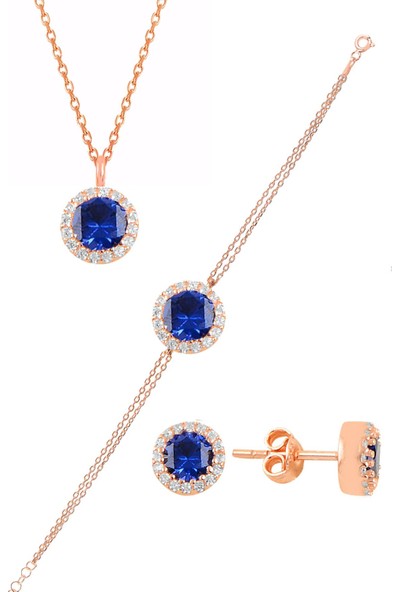 Söğütlü Silver Gümüş Rose Zirkon ve Safir Taşlı Pırlanta Modeli Üçlü Set