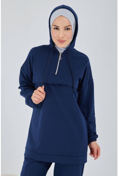 Burcu Tesettür Önden Yarım Fermuarlı Eşofman Takımı TRN1019 Lacivert