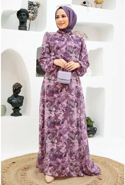 Neva Style - Çiçek Desenli Koyu Gül Kurusu Tesettür Elbise 279014KGK Neva Style - Çiçek Desenli Koyu Gül Kurusu Tesettür Elbise 279014KGK