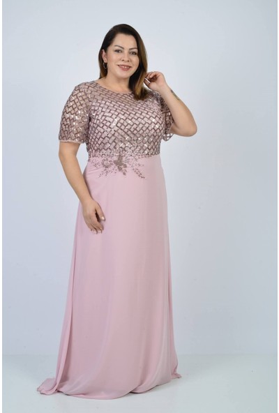 Lilas Xxl Büyük Beden Pul Payetli Baklava Desen Pudra Renkli Şifon Elbise Lilas Xxl Büyük Beden Pul Payetli Baklava Desen Pudra Renkli Şifon Elbise