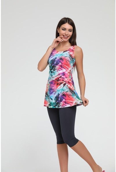 Chelly Dijital Desenli Diz Altı Taytlı Tankini Takım Antrasit 9024