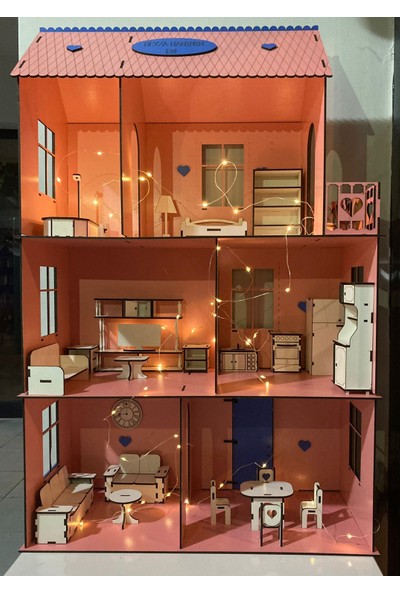 Özba Oyuncak LED Işıklı Ahşap Oyun Evi Pembe- Büyük Boy 75X50X25