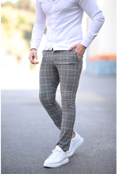 Ohepmoda Slim Fit Ekose Desen Erkek Keten Pantolon Gri Ohepmoda Slim Fit Ekose Desen Erkek Keten Pantolon Gri