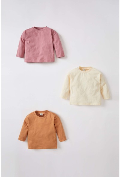 DeFacto Erkek Bebek Regular Fit Bisiklet Yaka Uzun Kollu 3'lü Pamuklu Tişört W7977A222SP