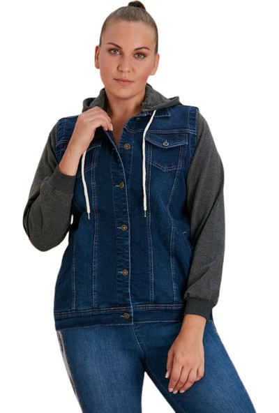 Günay Fierte Kadın Büyük Beden Ceket RG9725 Jean Çıkabilen Kapüşon ve Kollar