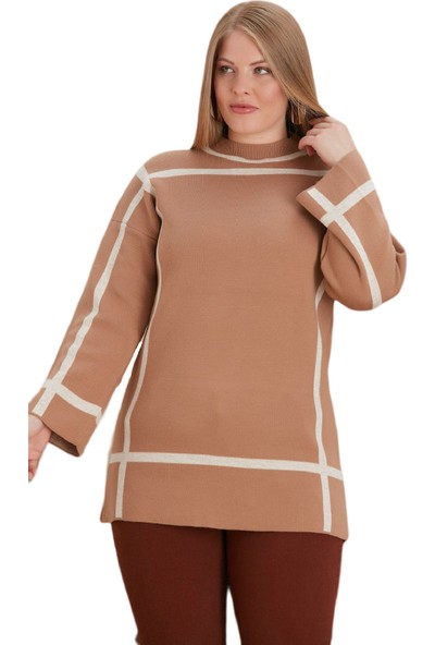 Günay Fierte Kadın Büyük Beden Kazak RG4737 Şerit Detaylı