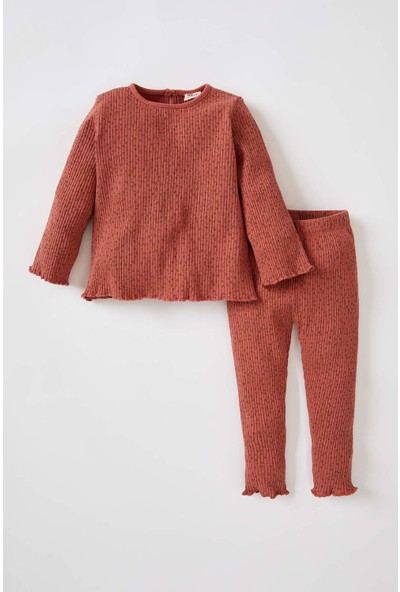 DeFacto Kız Bebek Desenli Bisiklet Yaka Fitilli Kaşkorse Uzun Kollu Pijama Takım X7464A221WN