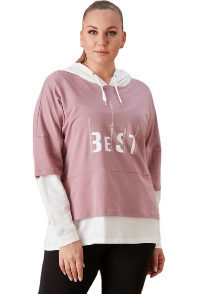 Günay Fierte Kadın Büyük Beden Sweatshirt RG4685 Sabit Kapüşon Uzun Kol Spor Baskı Desen Rahat Gül Kurusu Lila