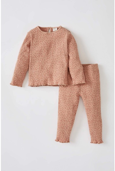 DeFacto Kız Bebek Desenli Bisiklet Yaka Fitilli Kaşkorse Uzun Kollu Pijama Takım X7467A221WN