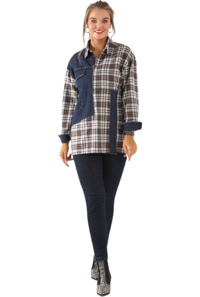 Günay Fierte Kadın Büyük Beden Gömlek LM33150 Fermuar Kapama Ekose Kanvas