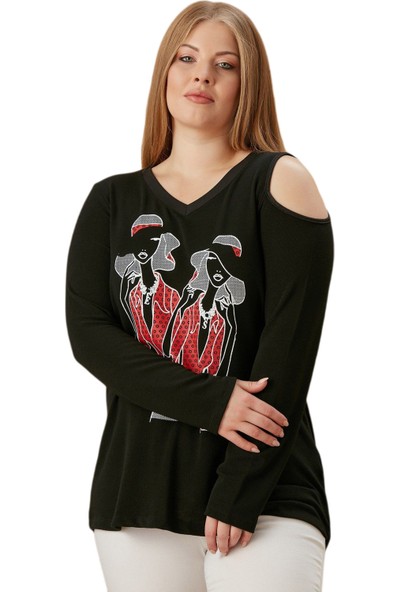 Günay Fierte Kadın Büyük Beden Bluz RG4746 V Yaka Açık Tek Omuz Baskı Desen Uzun Kol Ince Triko Siyah Günay Fierte Kadın Büyük Beden Bluz RG4746 V Yaka Açık Tek Omuz Baskı Desen Uzun Kol Ince Triko Siyah