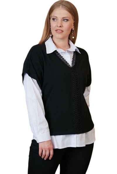 Günay Fierte Kadın Büyük Beden Kazak RG4359 V Yaka Düşük Kol Süveter