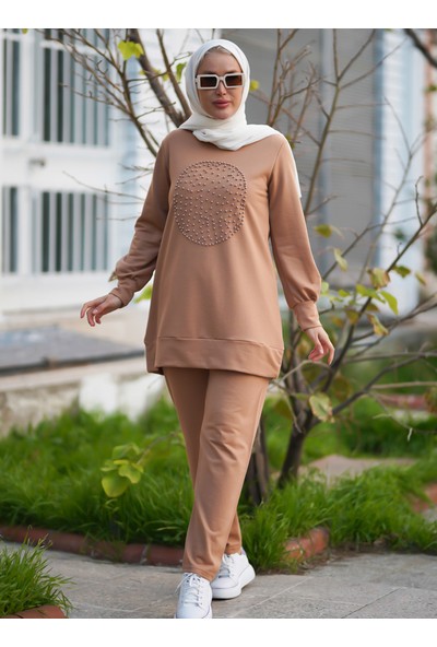 Por La Cara Beden Ortası Incili Pantolon&tunik Ikili Takım - Bisküvi - Por La Cara