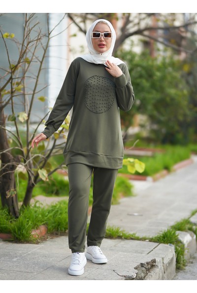 Por La Cara Beden Ortası Incili Pantolon&tunik Ikili Takım - Haki - Por La Cara