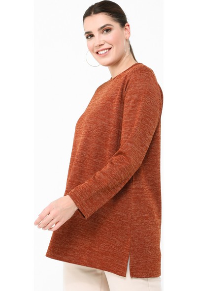 Alia Büyük Beden Yırtmaç Detaylı Triko Tunik - Kiremit - Alia