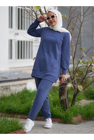 Por La Cara Beden Ortası Incili Pantolon&tunik Ikili Takım - Indigo - Por La Cara Por La Cara Beden Ortası Incili Pantolon&tunik Ikili Takım - Indigo - Por La Cara