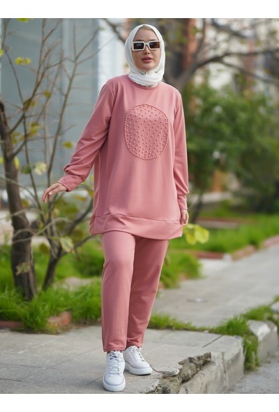 Por La Cara Beden Ortası Incili Pantolon&tunik Ikili Takım - Gül Kurusu - Por La Cara