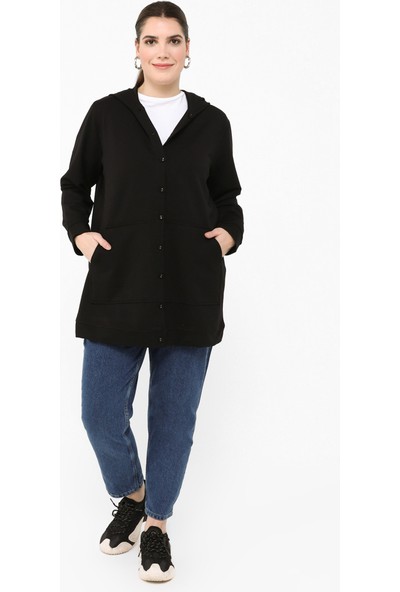 Alia Büyük Beden Kapüşonlu Çıtçıtlı Kap - Siyah - Alia