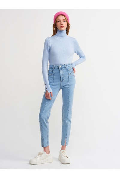 Dilvin 70217 Ön Bölümü Yırtmaçlı Likralı Pantolon-Mavi