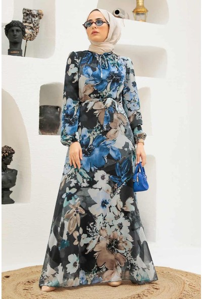 Neva Style - Çiçek Desenli Indigo Mavisi Tesettür Elbise 27925IM Neva Style - Çiçek Desenli Indigo Mavisi Tesettür Elbise 27925IM