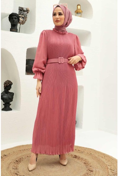 Neva Style - Tokalı Kemerli Gül Kurusu Tesettür Elbise 3343GK Neva Style - Tokalı Kemerli Gül Kurusu Tesettür Elbise 3343GK